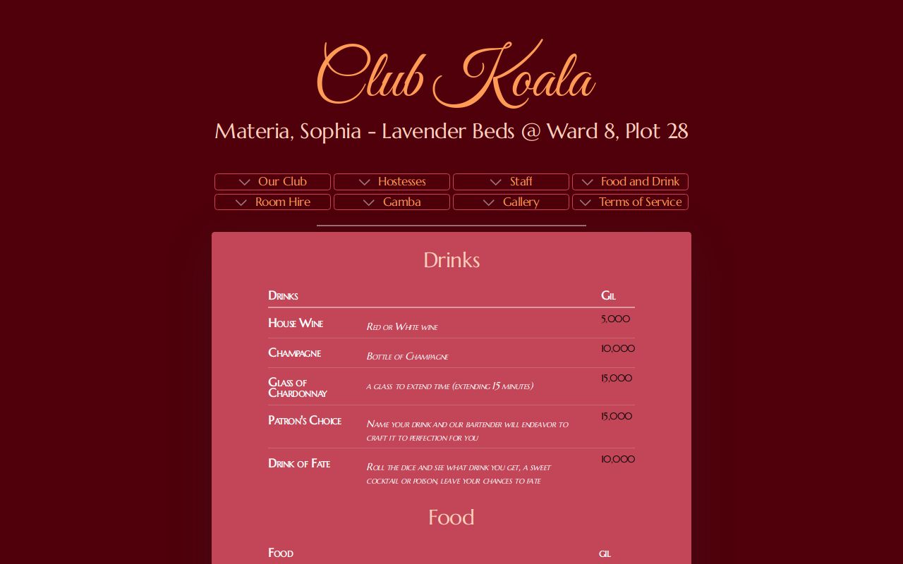 Club Koala Menu